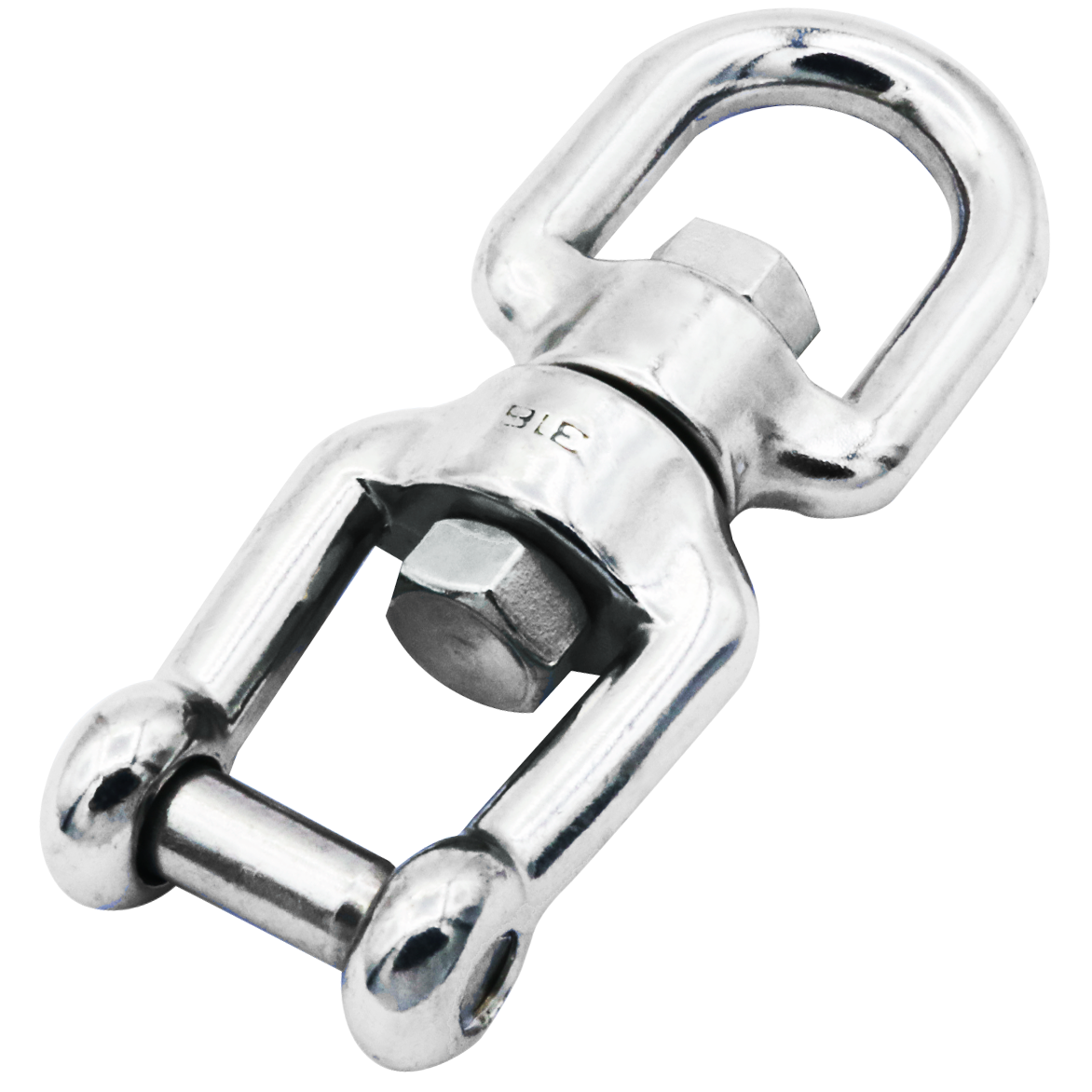 1/4" Type 316 Stainless Steel No-Snag Pin Eye x Jaw Swivel