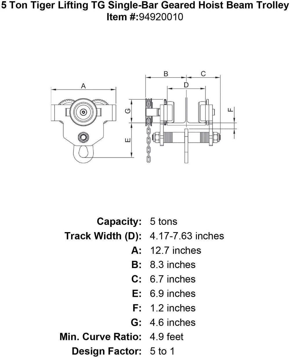 3 Ton Tiger Lifting TG Single-Bar Geared Hoist Beam Trolley