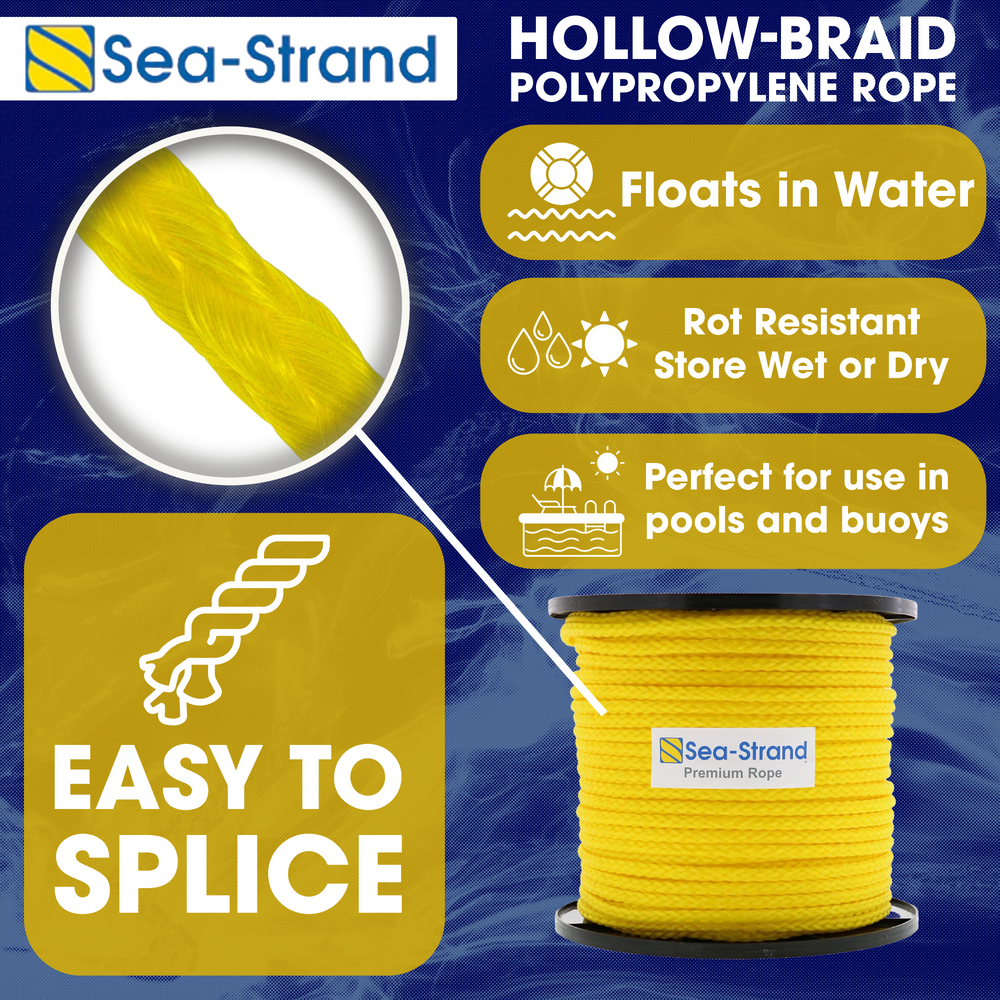 1/4" x 600' Reel, Yellow, Hollow Braid Polypropylene Rope