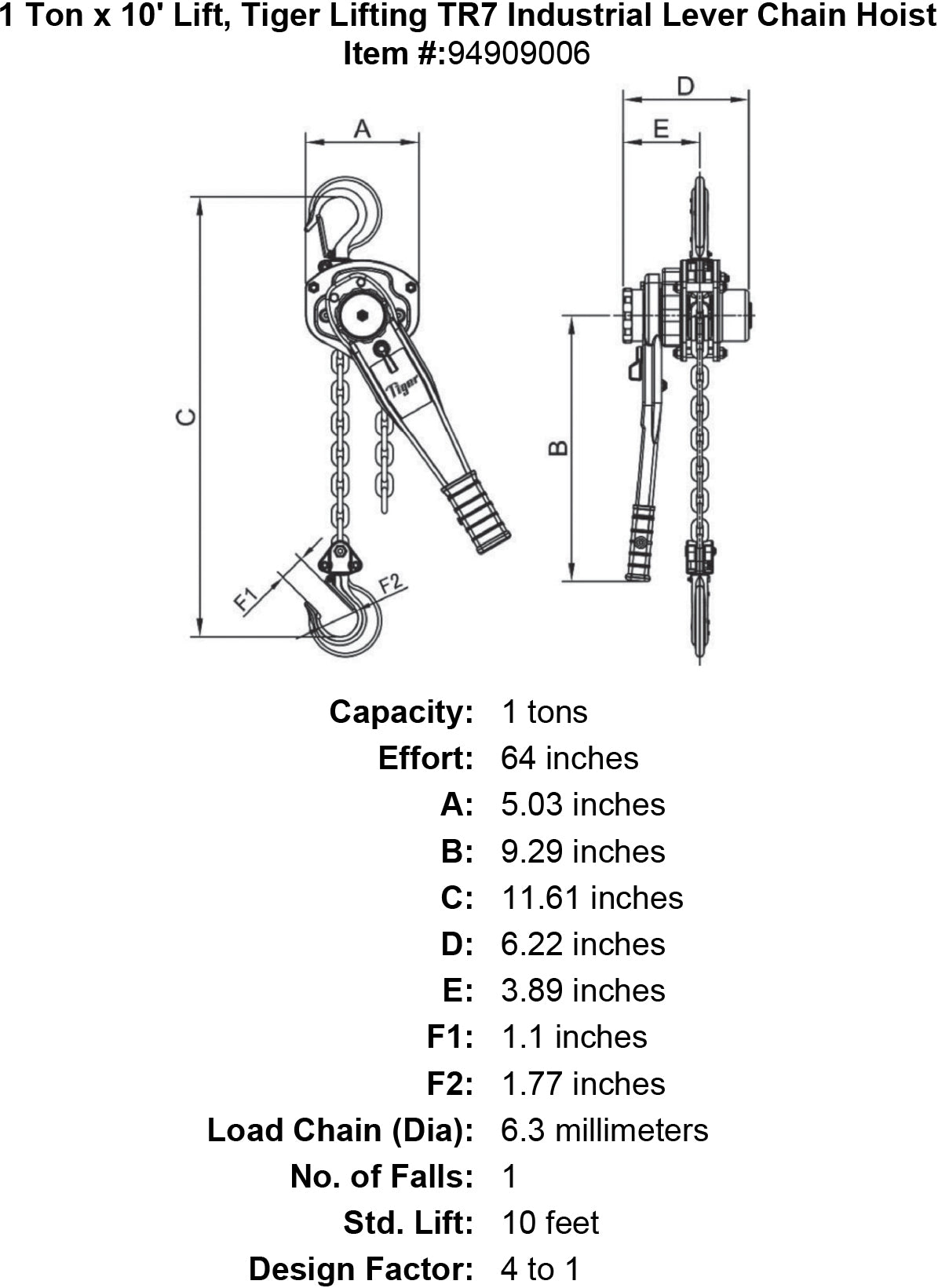1.5 Ton x 10' Lift, Tiger Lifting TR7 Industrial Lever Chain Hoist