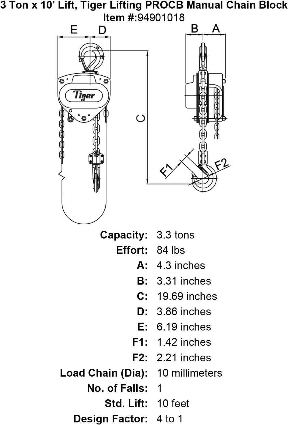 1 Ton x 20' Lift, Tiger Lifting PROCB Manual Chain Block