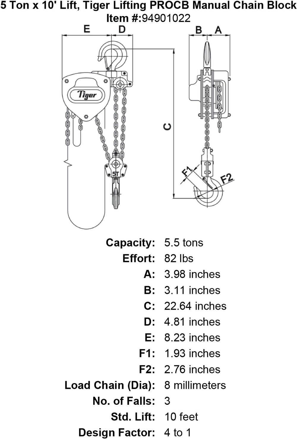 1 Ton x 20' Lift, Tiger Lifting PROCB Manual Chain Block
