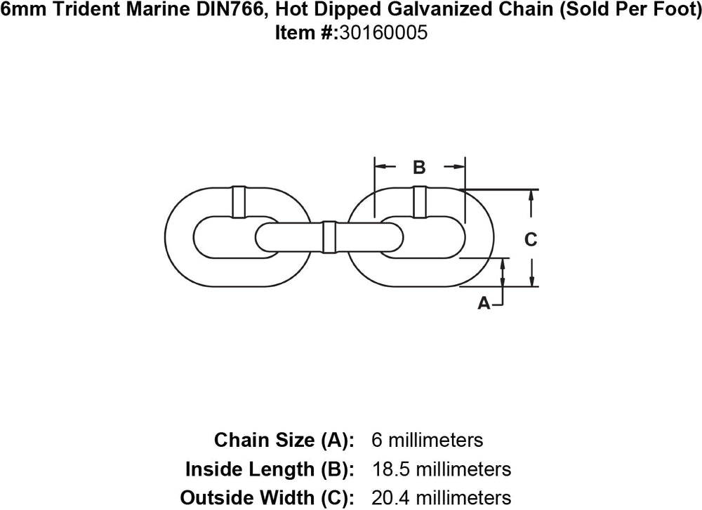 6mm Trident Marine DIN766, Hot Dipped Galvanized Chain (Sold Per Foot)