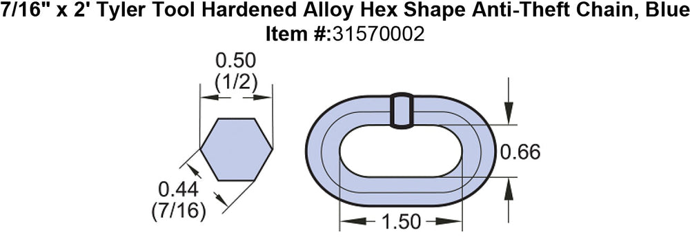 7/16" x 2' Tyler Tool Hardened Alloy Hex Shape Anti-Theft Chain, Blue