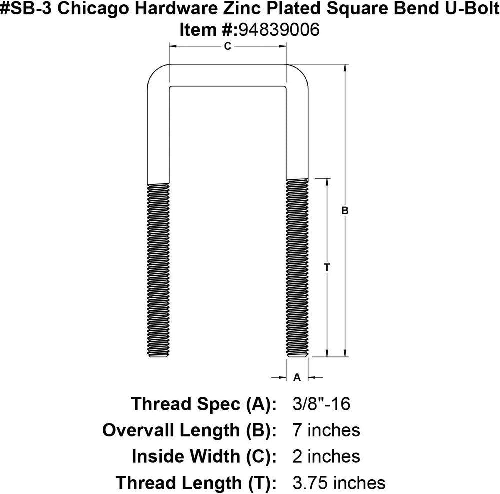 2" Width x 3" Length, 3/8"-16 Threads Chicago Hardware Zinc Plated ...