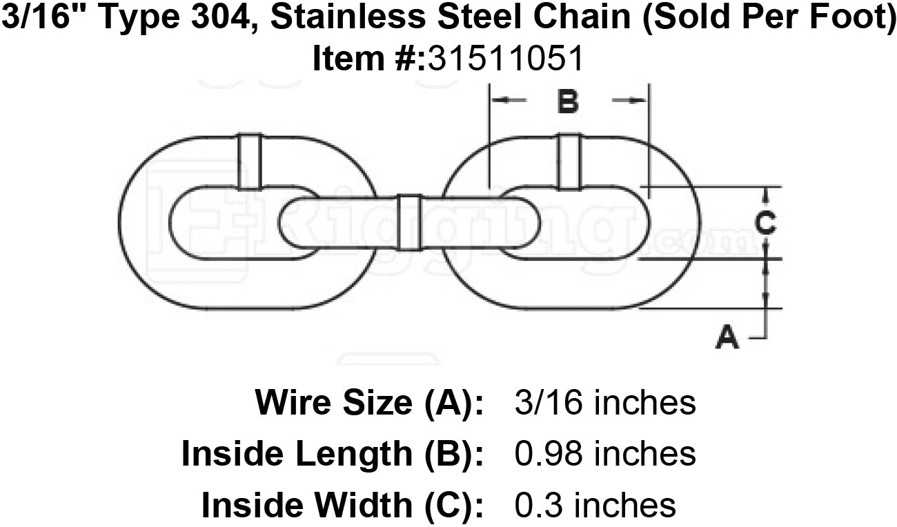 1/2" Type 304, Stainless Steel Chain (Sold Per Foot)